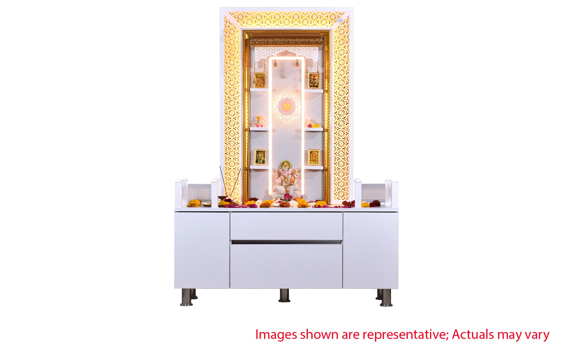 White Glossy Wooden Mandir With Extra Large Wide Wooden Storage ...