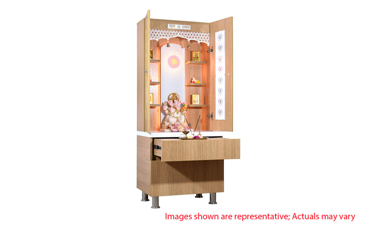 Wooden Mandir 5 Feet With Doors And Floating Shelves In Natural Teak L ...
