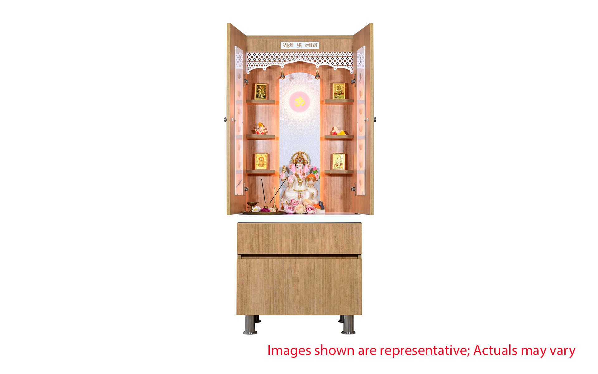 Wooden Mandir 5 Feet With Doors And Floating Shelves In Natural Teak L ...